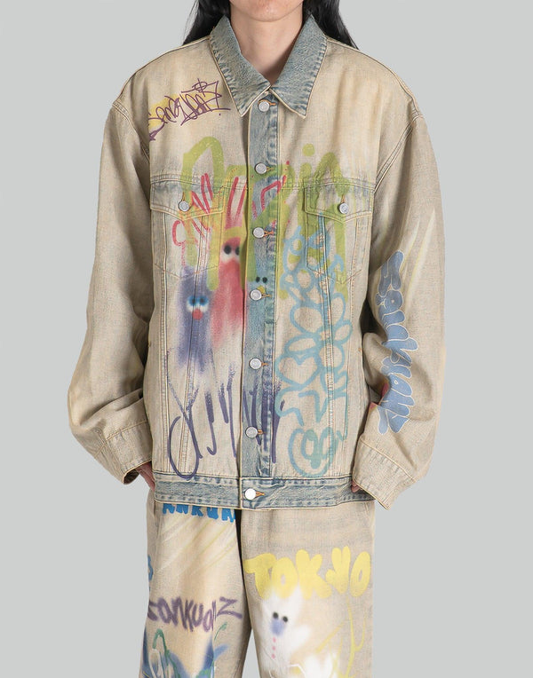 SANKUANZ BUMPY GRAFFITI PRINT REVERSIBLE FABRIC OVERSIZED DENIM JACKET ...